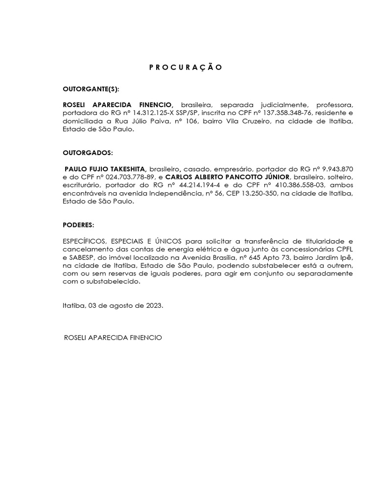 Modelo De Procuracao Cpfl Sabesp Roseli Aparecida Finencio Pdf