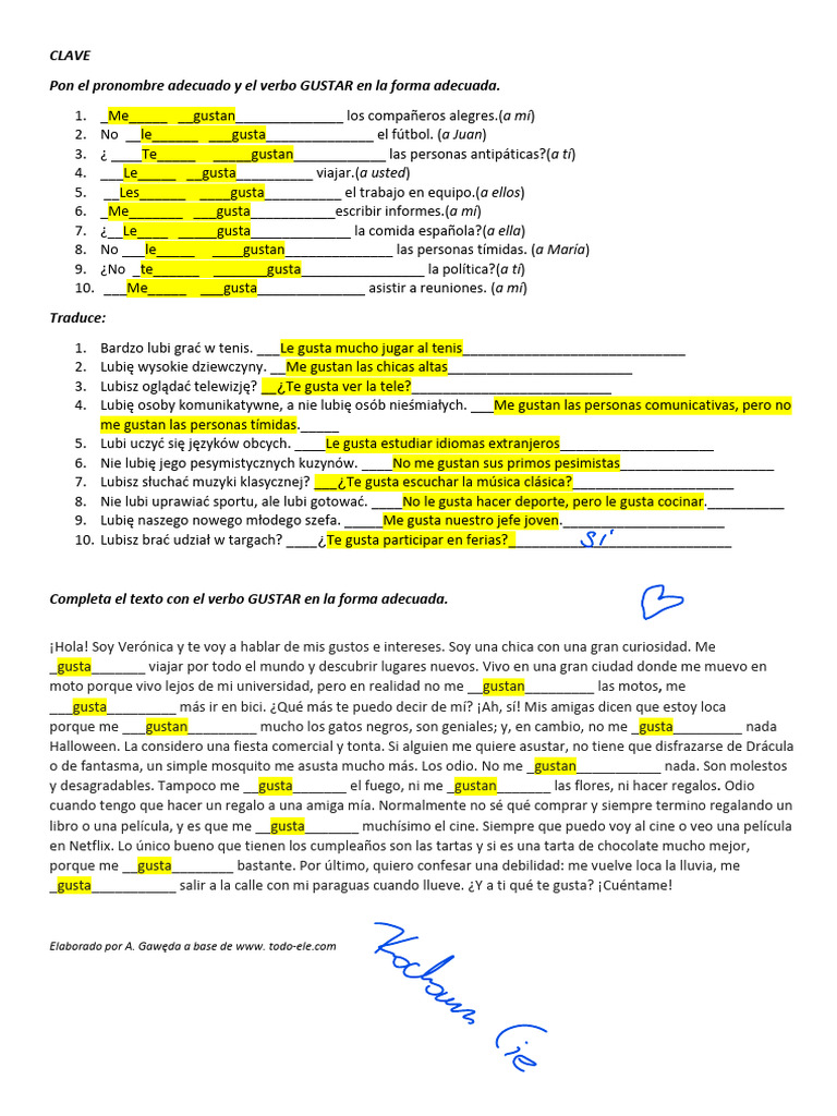 Clave - Practicar El Verbo GUSTAR | PDF | Relaciones personales ...