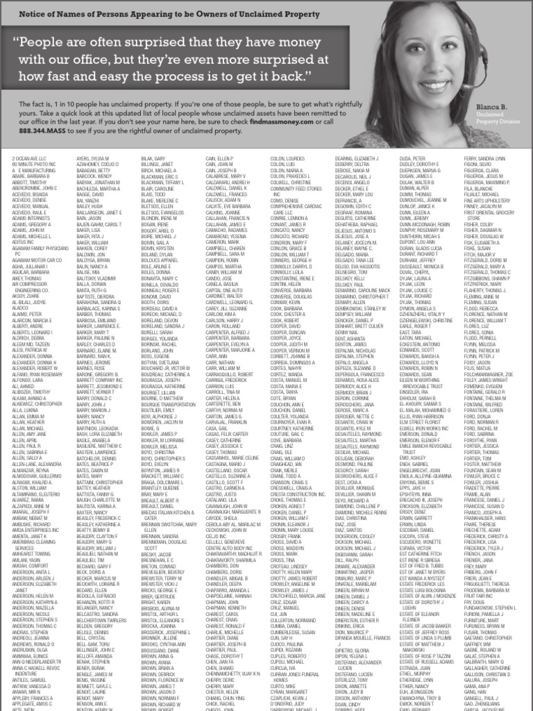 Massachusetts Unclaimed Property List | PDF | Leisure