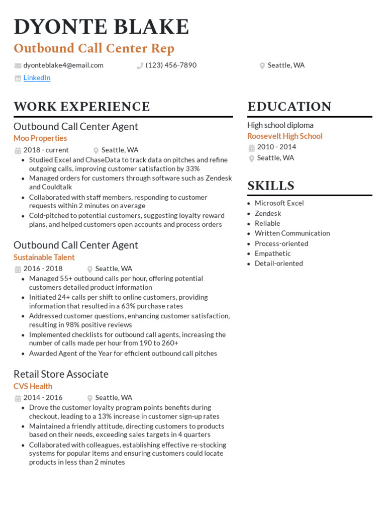 Outbound Call Center Resume Example | PDF Outbound Call Center Resume Example | PDF
