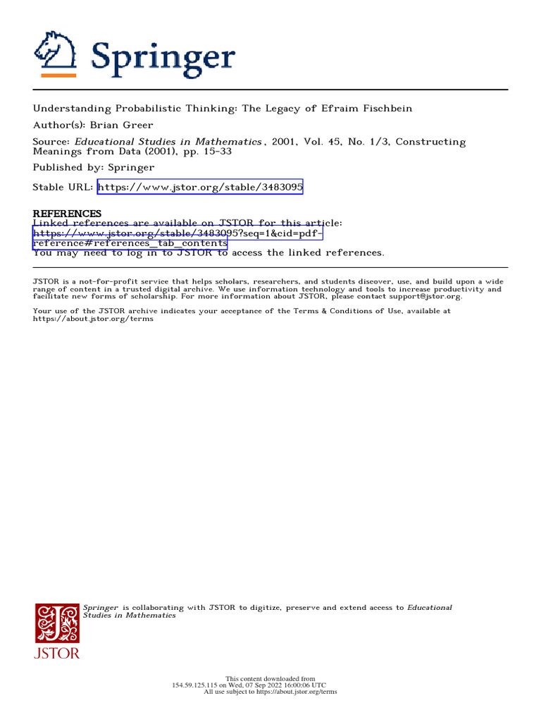 Understanding Probabilistic Thinking The Legacy of Efraim Fischbein | PDF