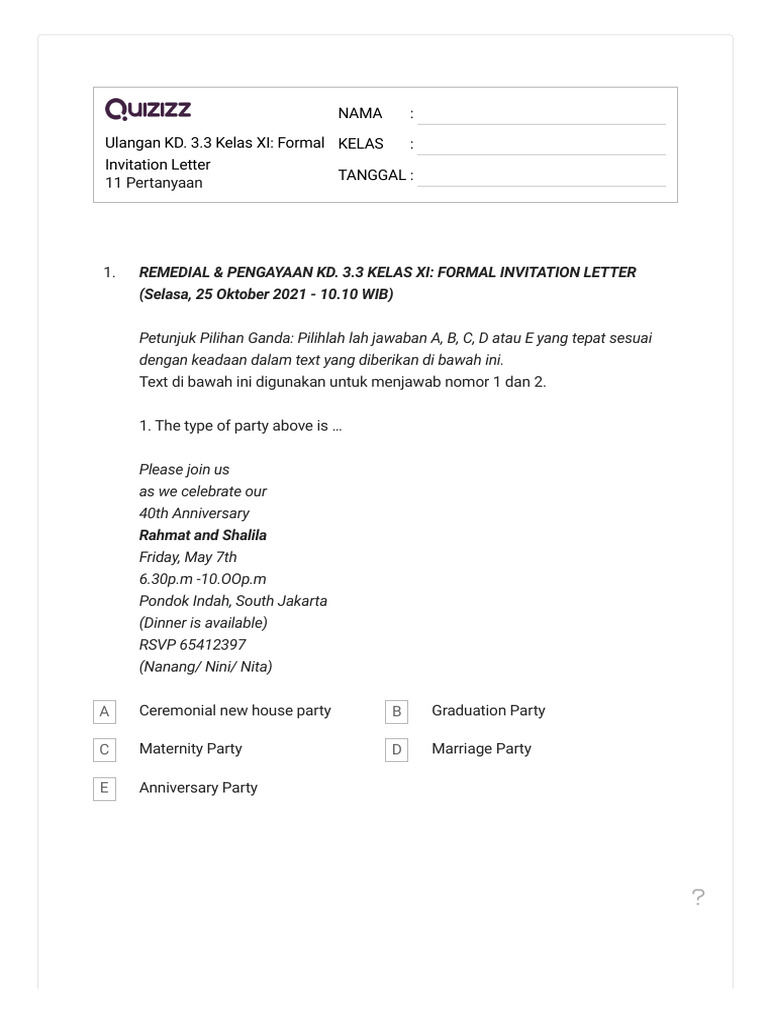 Ulangan KD. 3.3 Kelas XI - Formal Invitation Letter | PDF