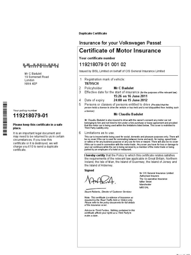 Certificate of Insurance | Download Free PDF | Vehicle Insurance ...