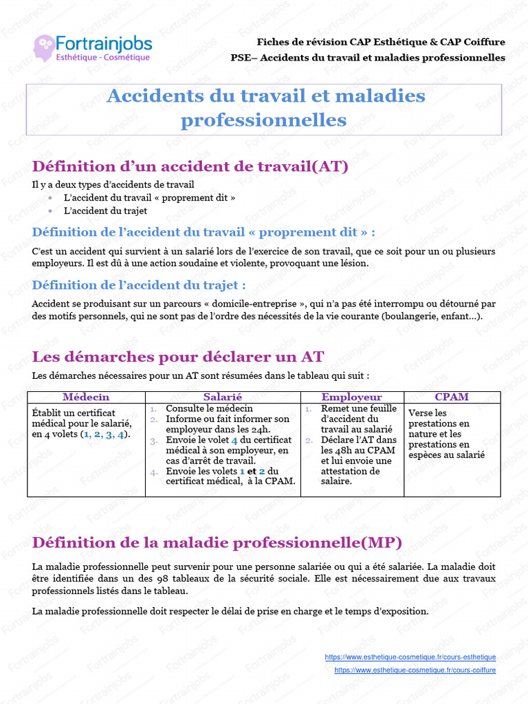 PSE Bac Pro CAP Fiche de Revision Accidents Du Travail Et Maladies Professionnelles | PDF ...