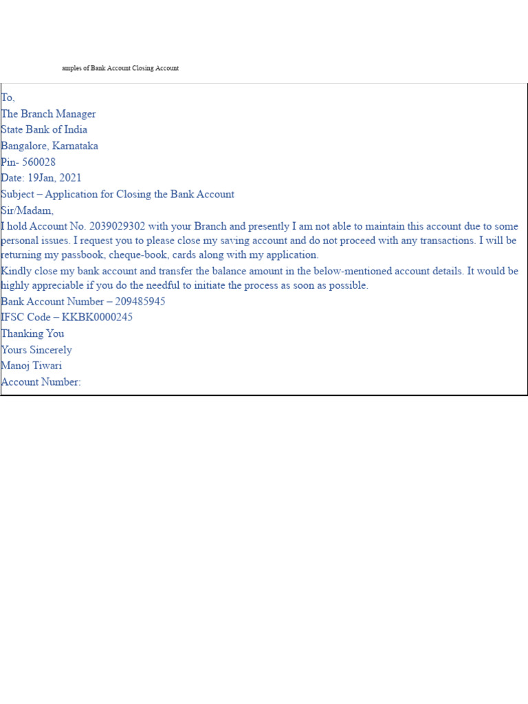 Samples of Bank Account Closing Account | PDF