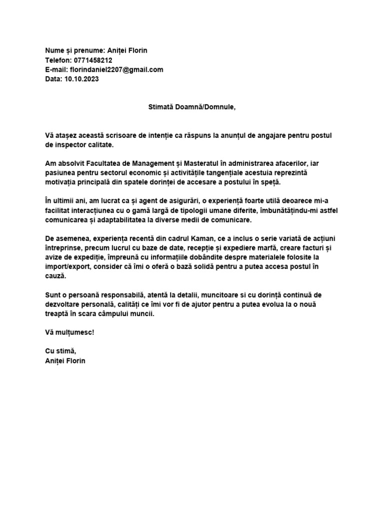 Scrisoare de Intentie Model Word | PDF