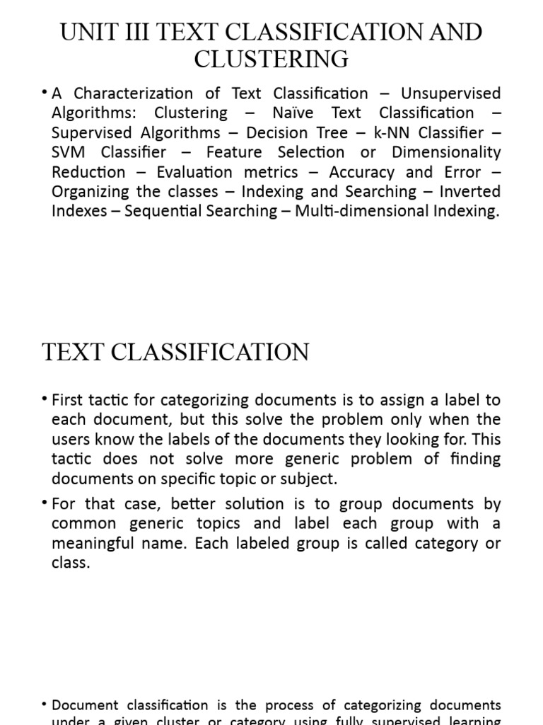 Unit Iii Text Classification and Clustering | PDF