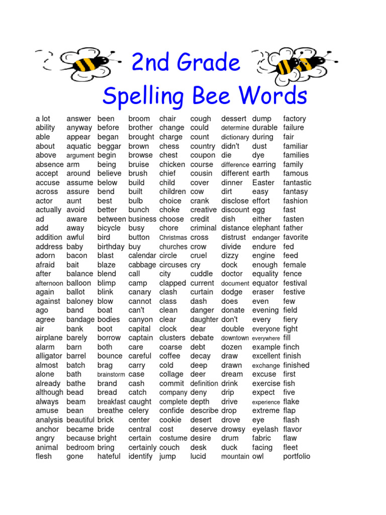 2nd Grade Spelling Bee Words: Absence Fantastic | PDF