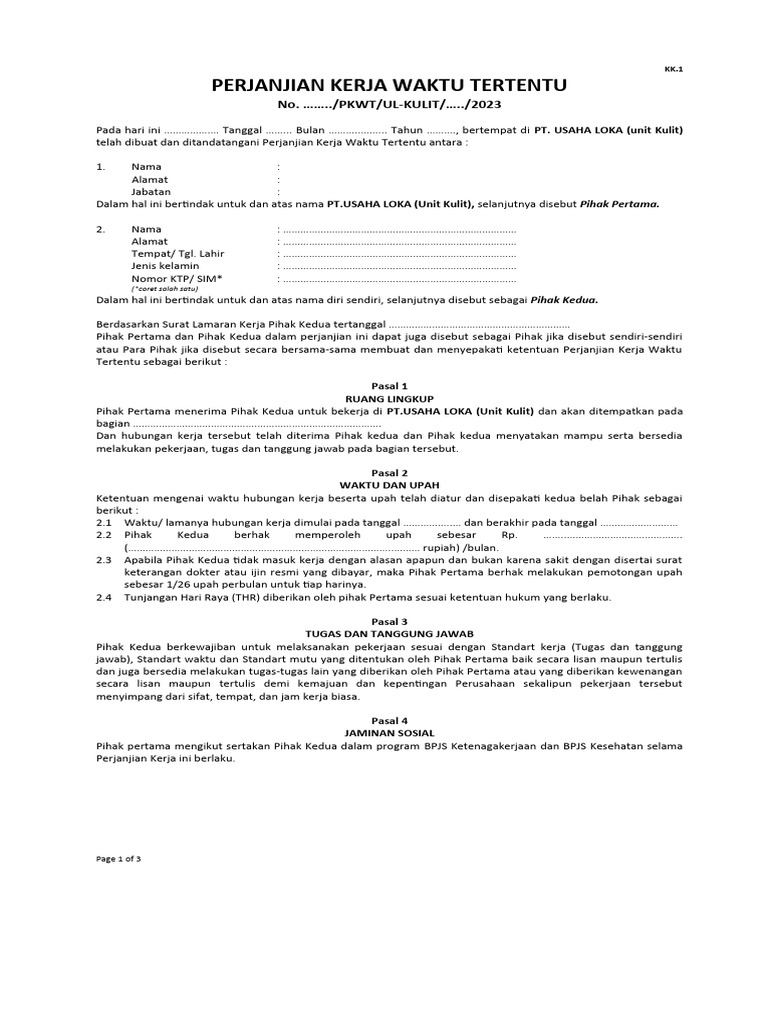 Tugas Membuat Draft Perjanjian Kerja PKWT | PDF