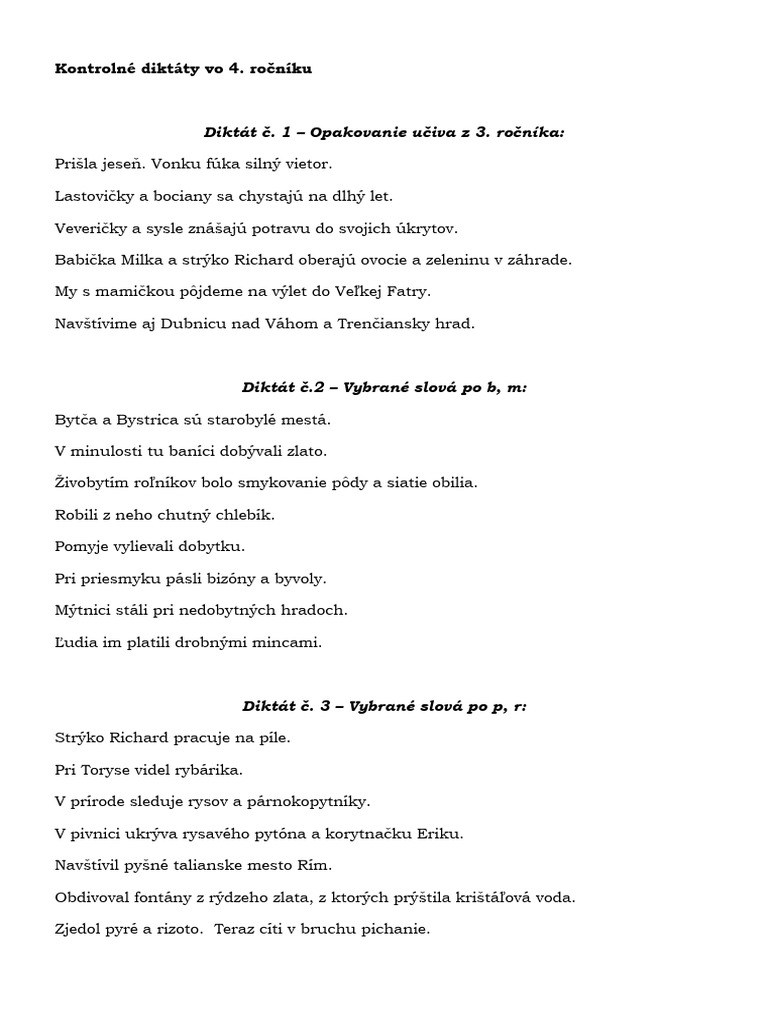 Kontrolné Diktáty Vo 4. Ročníku | PDF
