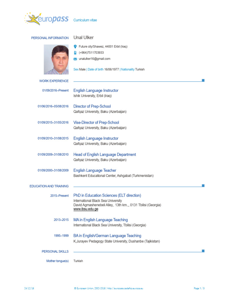 CV Europass 2018 Unal Ulker en Eski | PDF