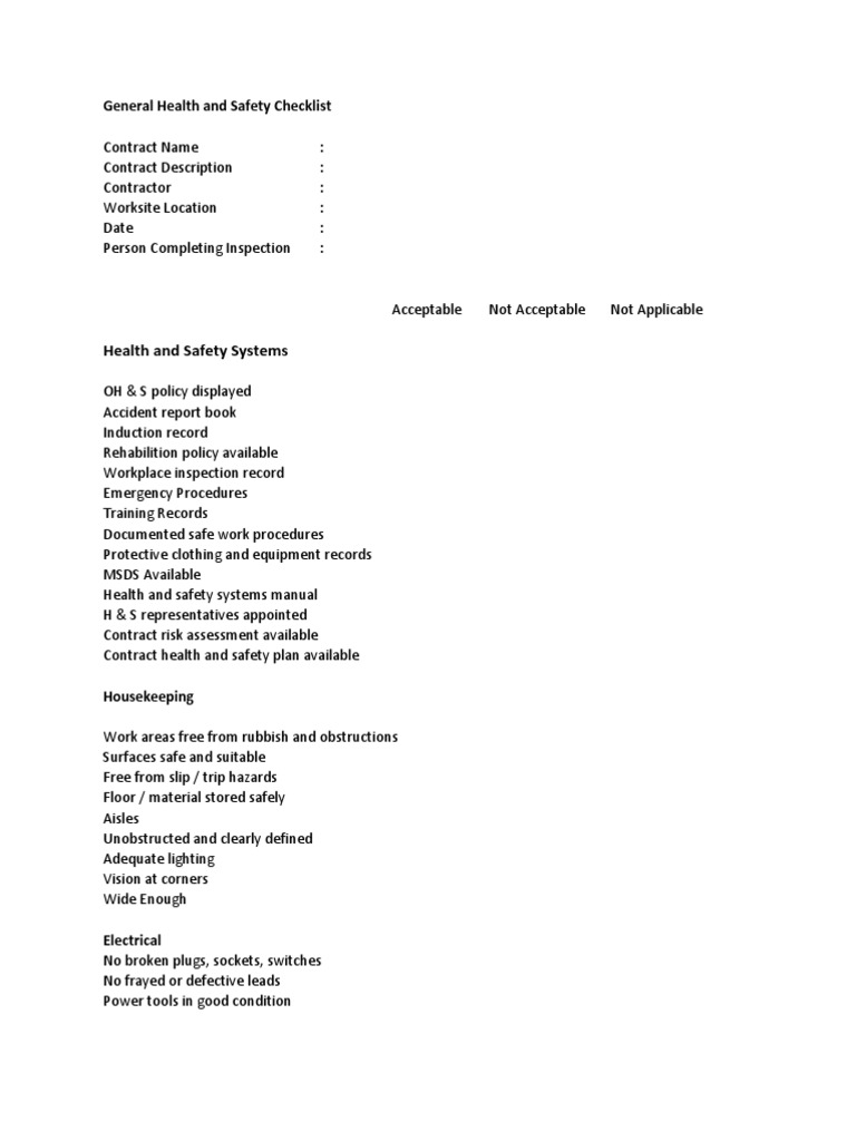 Safety and Health General Checklist | PDF | Personal Protective ...