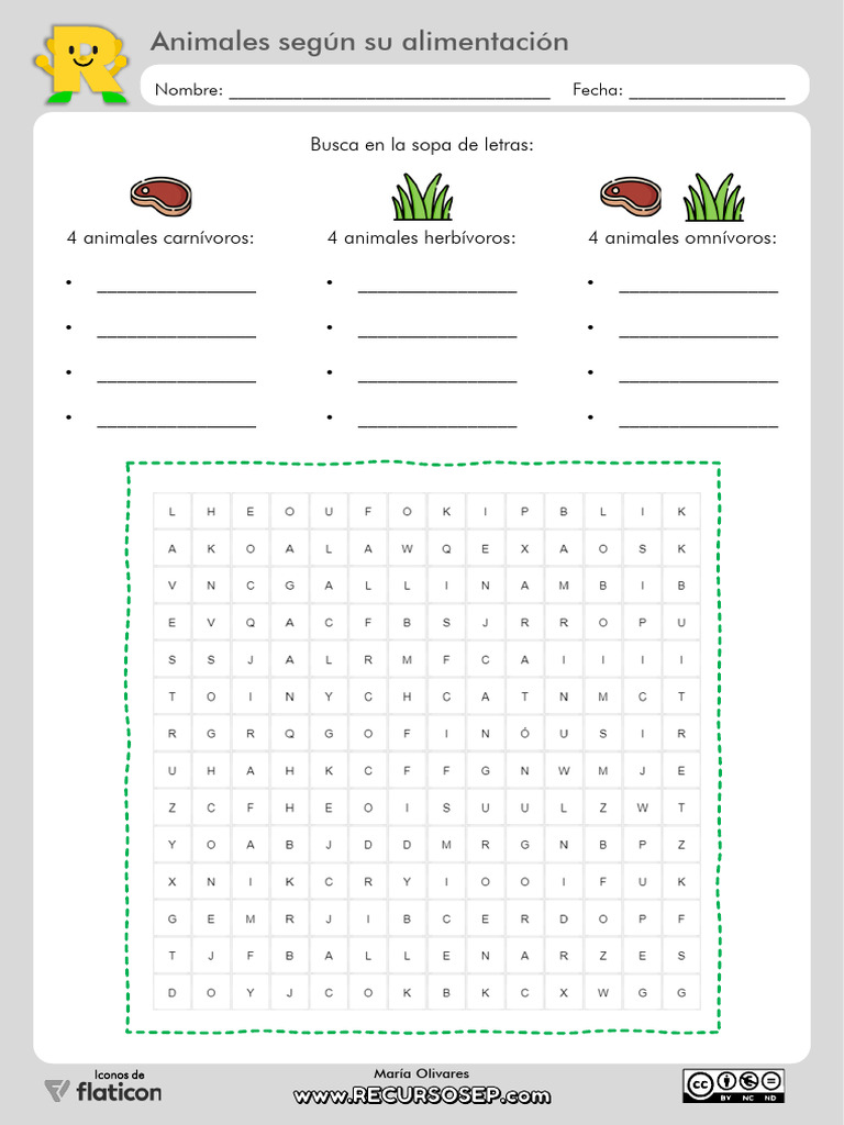Sopa de Letras Animales Alimentacion | PDF