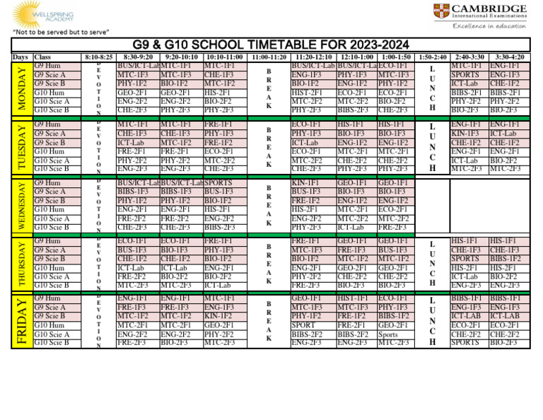 Lesson Timetable For 2023-2024 - G9&G10 | PDF