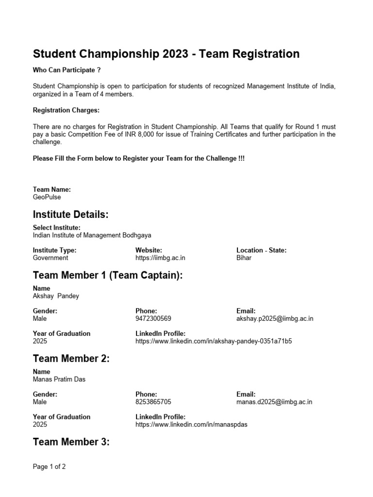 Student Championship 2023 - Team Registration - 419 | PDF