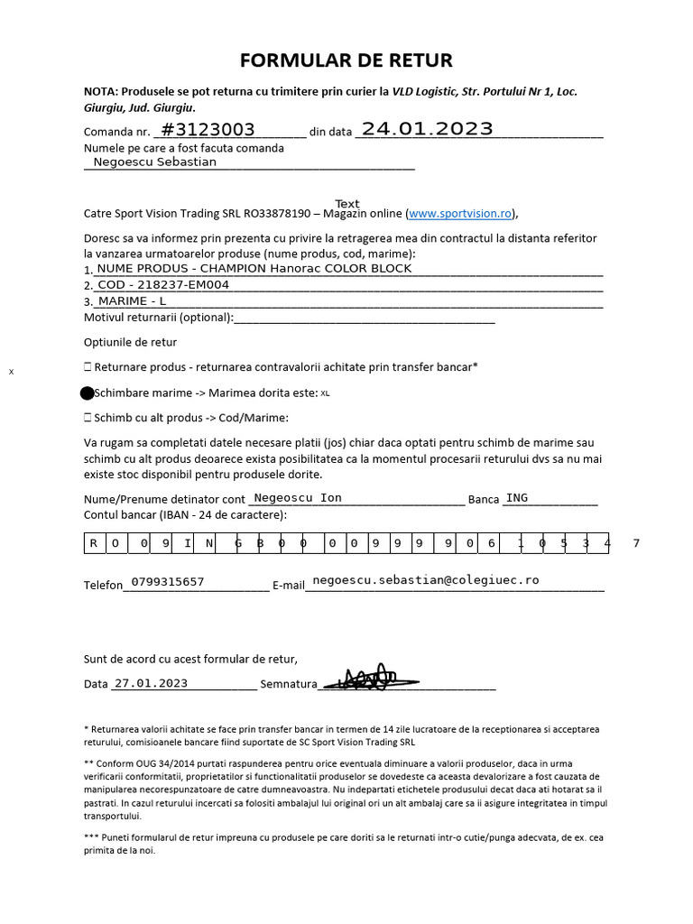 Formular de Retur SportVision 2022 - 05 | PDF