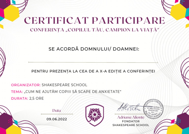 Certificat Participare Conferinta 9iun2022 Shakespeare School | PDF