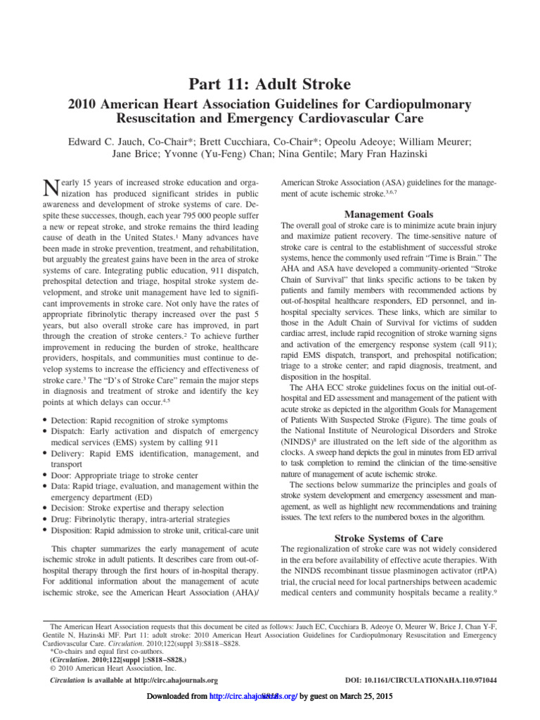 Adult Stroke - 2010 American Heart Association Guidelines For Cardiopulmonary Resuscitation and ...