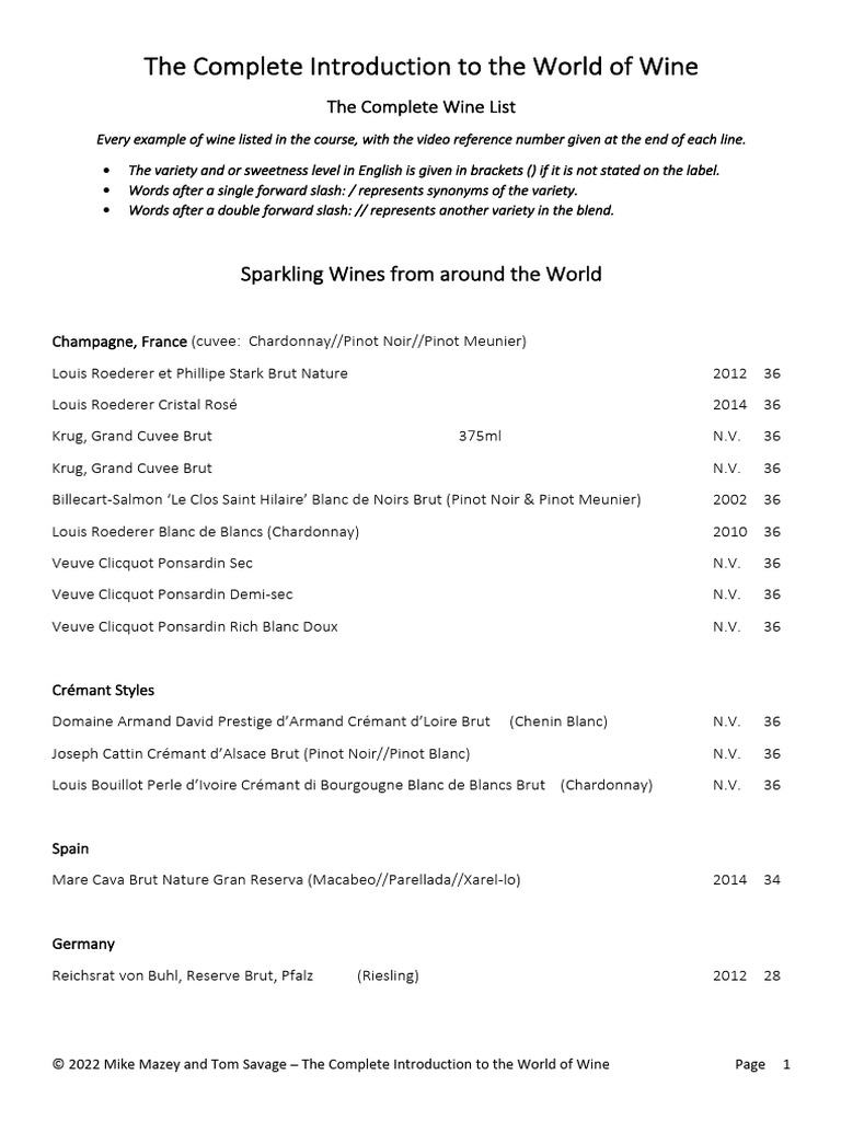 Course Wine List | PDF | Grape | Wine