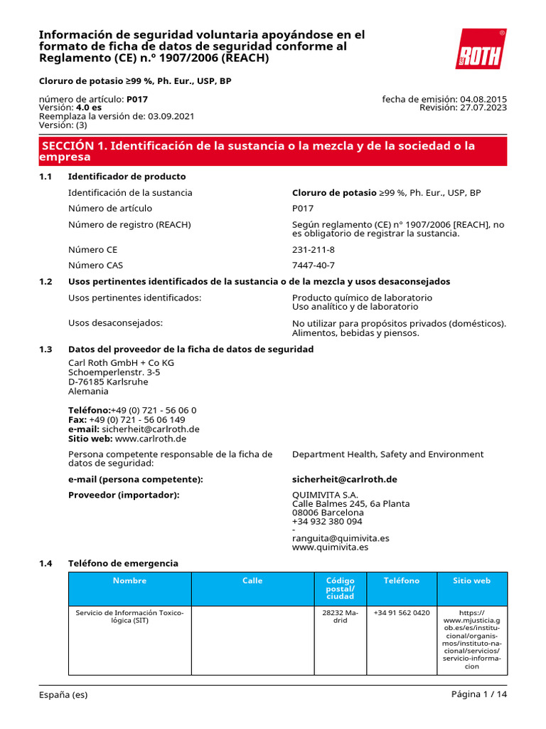 Hoja de Seguridad Cloruro de Potasio #407 | PDF