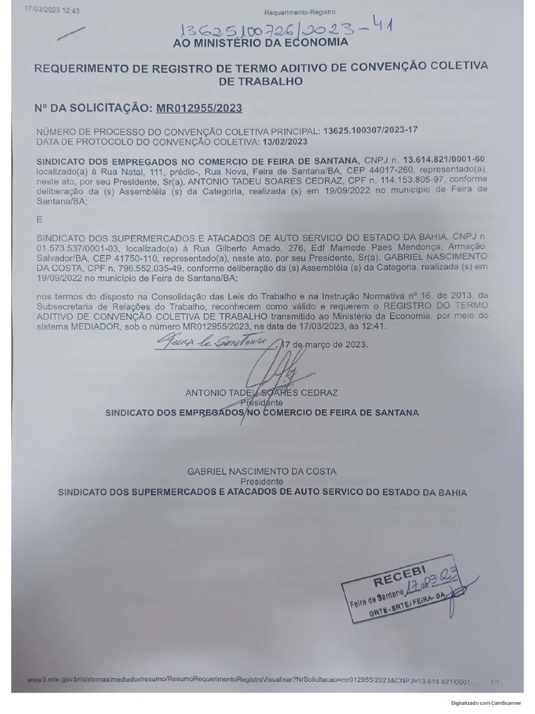 SECOFS Registro Termo Aditivo Convencao Coletiva de Trabalho2023 | PDF