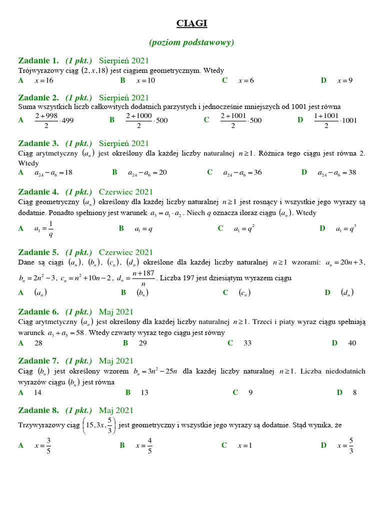 Ciagi-Zadania-Maturalne Podstawa Testy | PDF