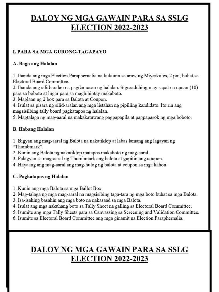 Daloy NG Mga Gawain para Sa SSLG Election 2022 | PDF