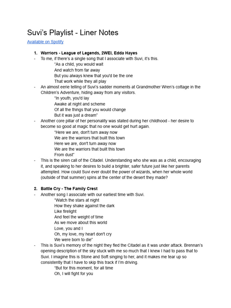 Suvi - Playlist Liner Notes | PDF