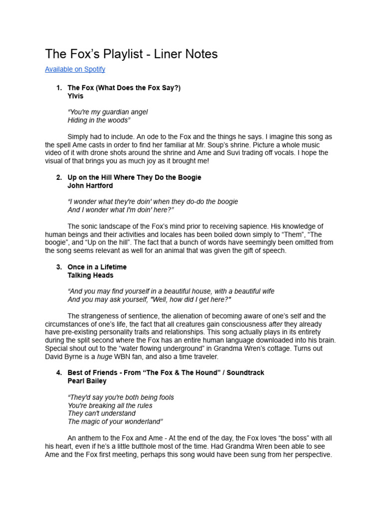 The Fox - Playlist Liner Notes | PDF