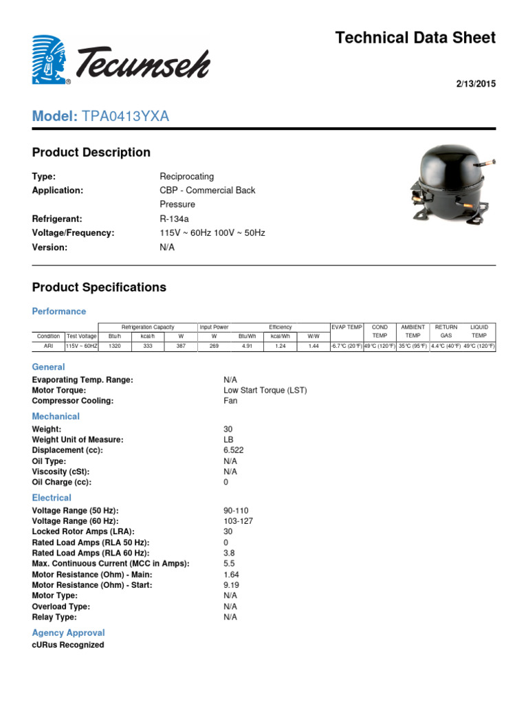 Tecumseh Tpa0413yxa Technical Data Sheet 691676 | PDF | Electric Motor ...