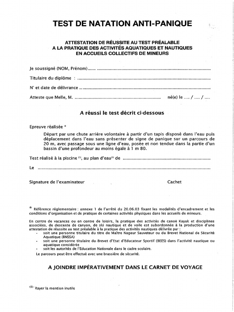 Attestation de Reussite Au Test de Natation Anti Panique | PDF