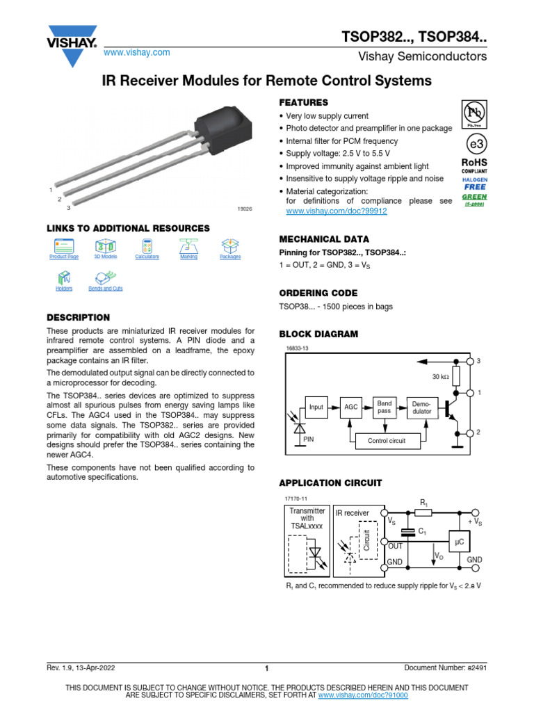Tsop 382 | PDF | Infrared | Electronic Engineering
