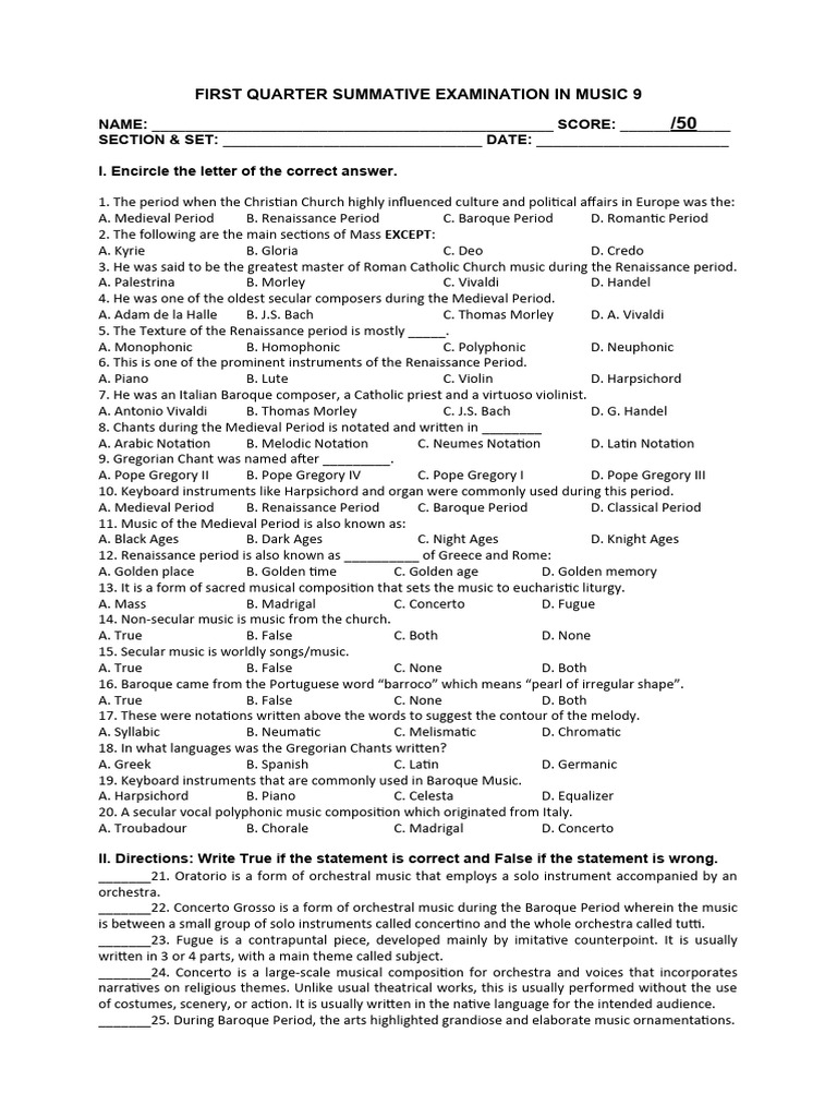 Music 9 First Quarter Exam | PDF | Baroque Music | Gregorian Chant