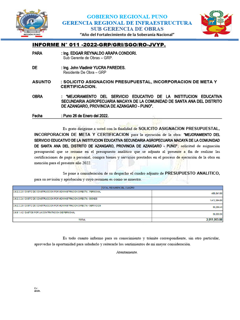 Informe N°011 Solicito Asignacion Presupuestal | PDF