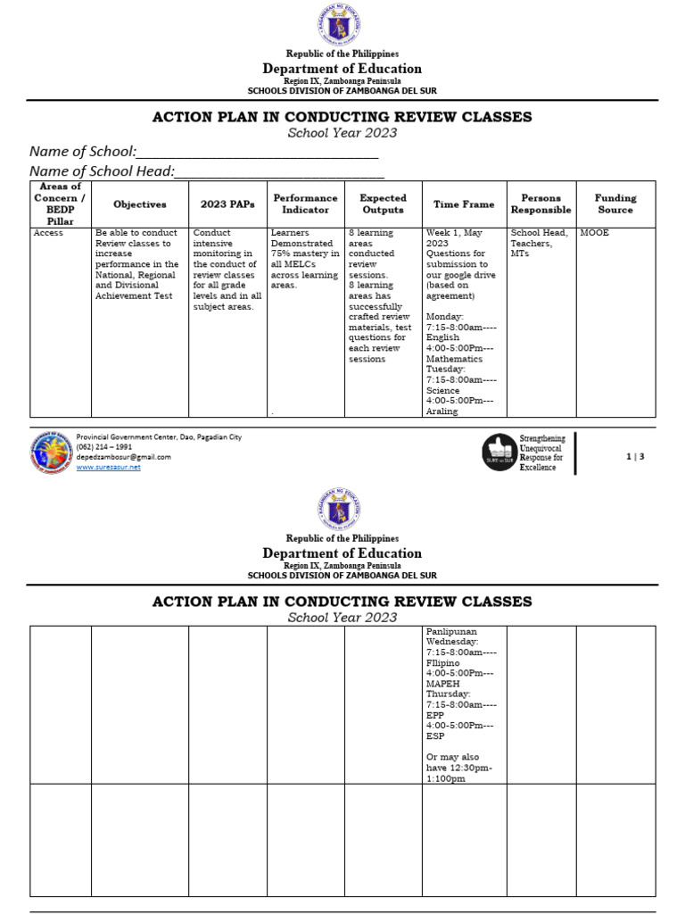 2023 Review Classes Action Plan | PDF | Learning
