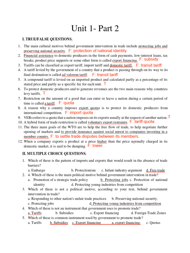 Unit 1 - Part 2 - Exercises - To Sts | PDF | Exports | Tariff