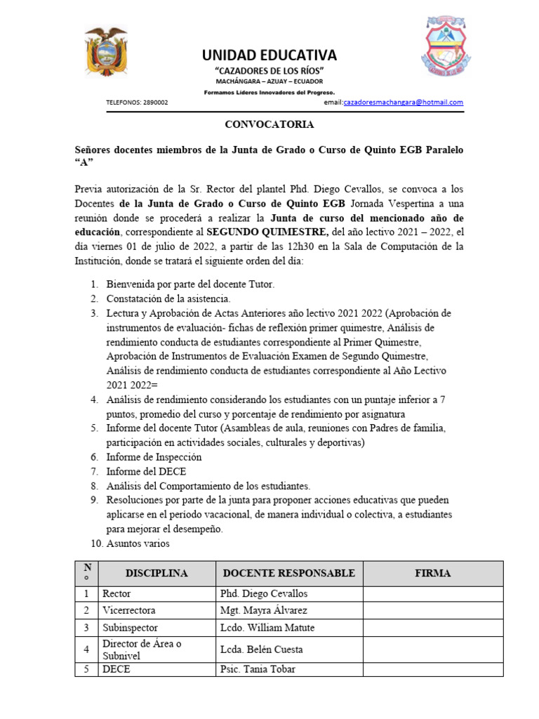 CONVOCATORIA A JUNTA DE CURSO QUINTO EGB | PDF