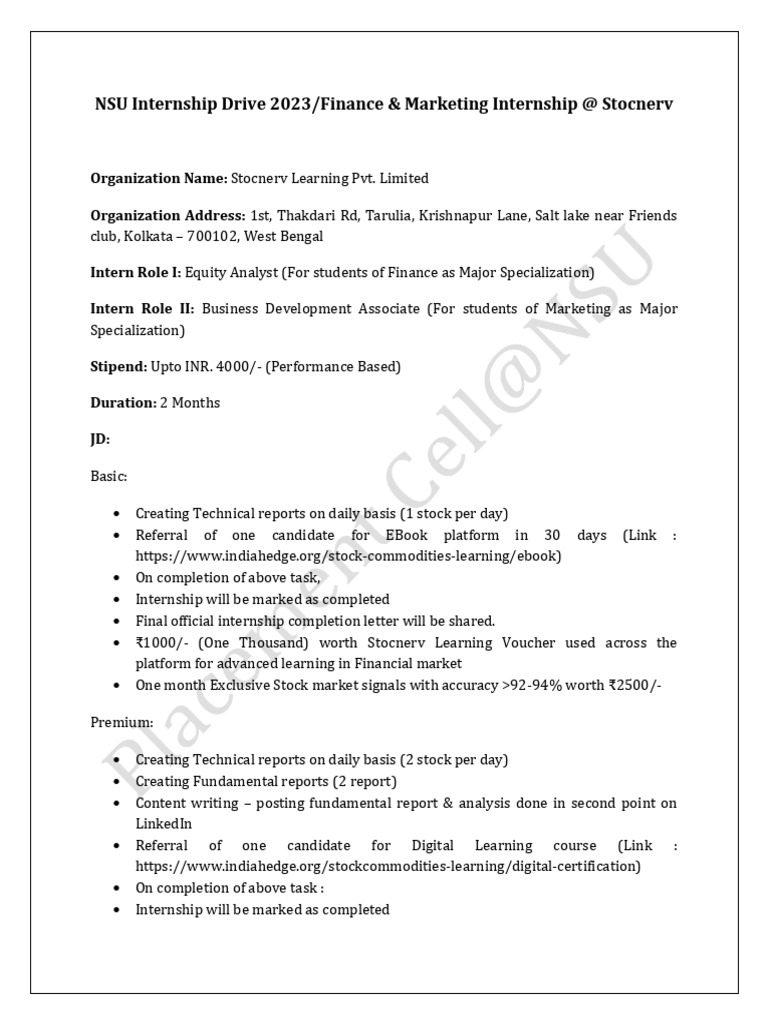NSU Internship Drive 2023-Finance-marketing Internship@Stocnerv-1 | PDF