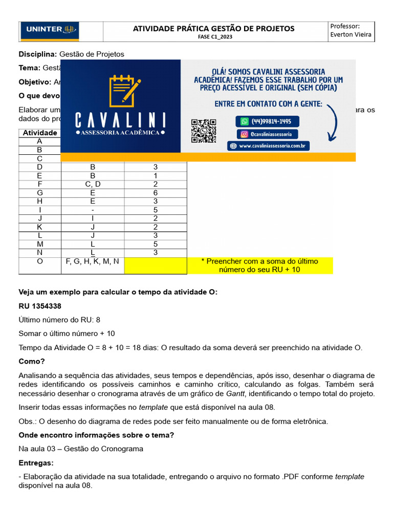 Atividade Prática Gestão de Projetos - Uninter | PDF