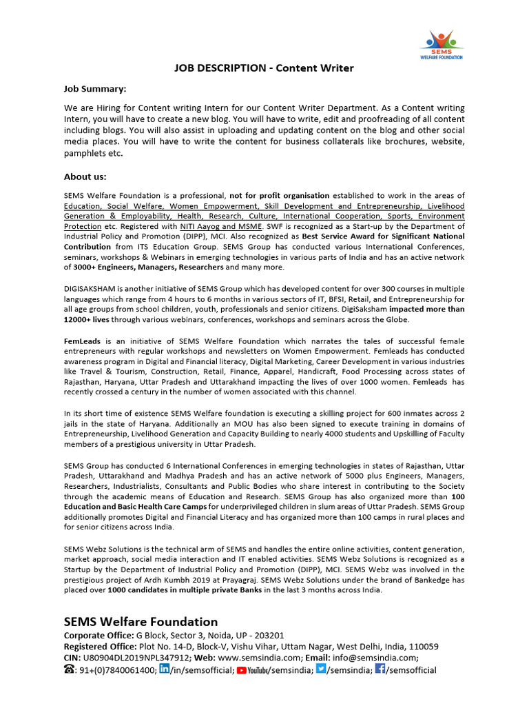 Content Writer - JD | PDF | Entrepreneurship | Economies