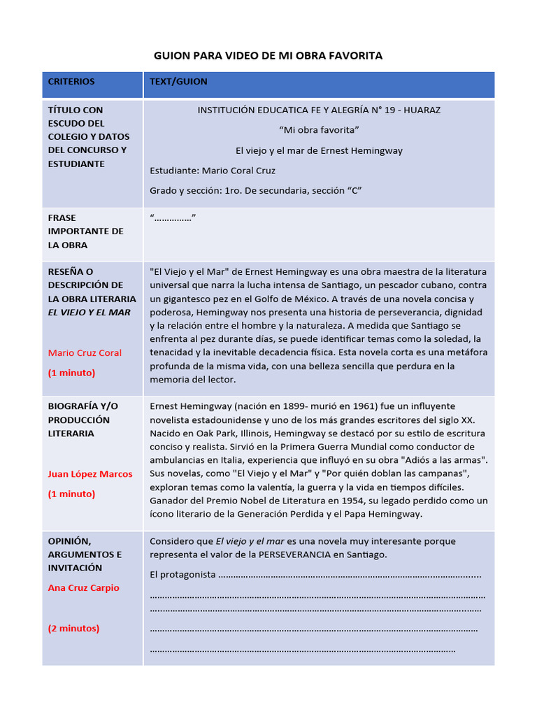 Guion para Video Mi Obra Favorita | PDF Guion para Video Mi Obra Favorita | PDF