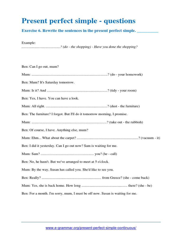 Present Perfect Questions Exercise 6 | PDF