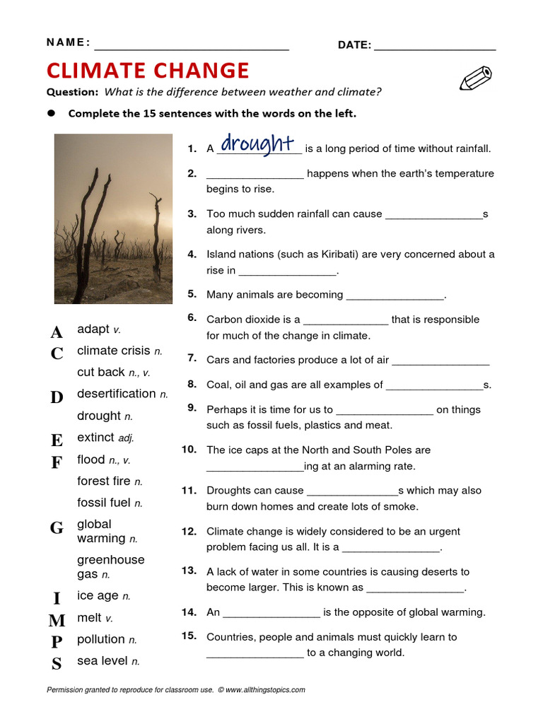 Climate Change Vocabulary Exercise | PDF