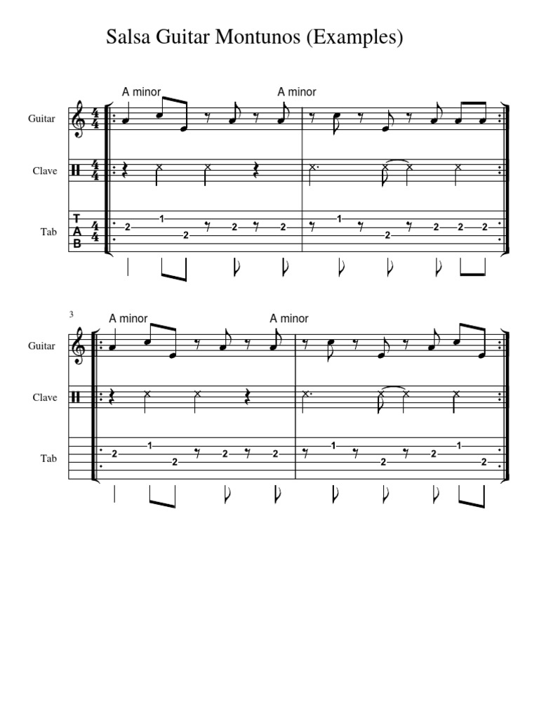 Salsa Guitar Montuno Examples Tab Clave Treble Clef 1 | PDF