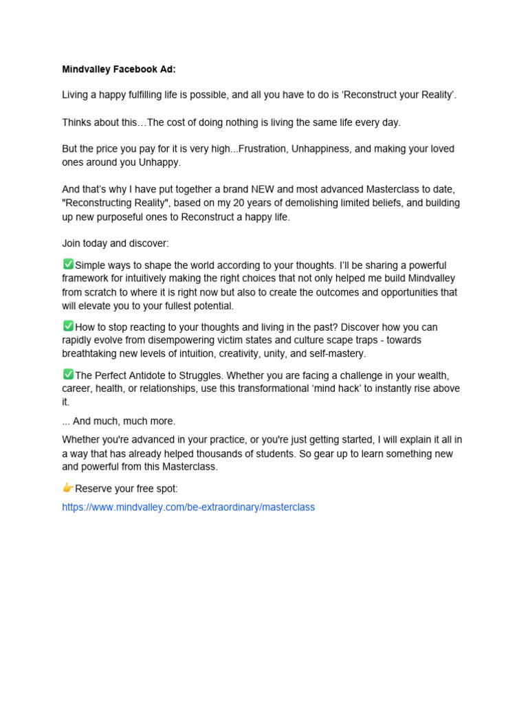 Mindvalley Masterclass: Reconstruct Reality | PDF | Career & Growth | Self-Improvement