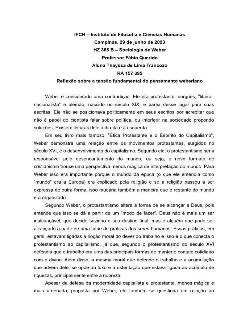 Reflexão Sobre o Pensamento Weberiano | PDF | Filosofia