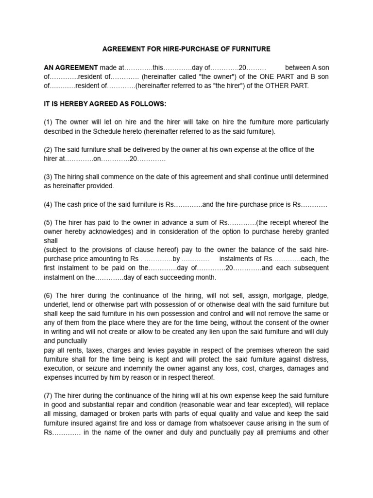 AGREEMENT FOR HIRE-PURCHASE OF FURNITURE | PDF