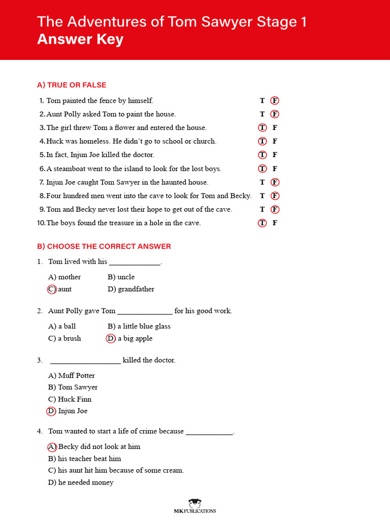 The Adv. of Tom Sawyer Stage 1 - Answer Key | PDF