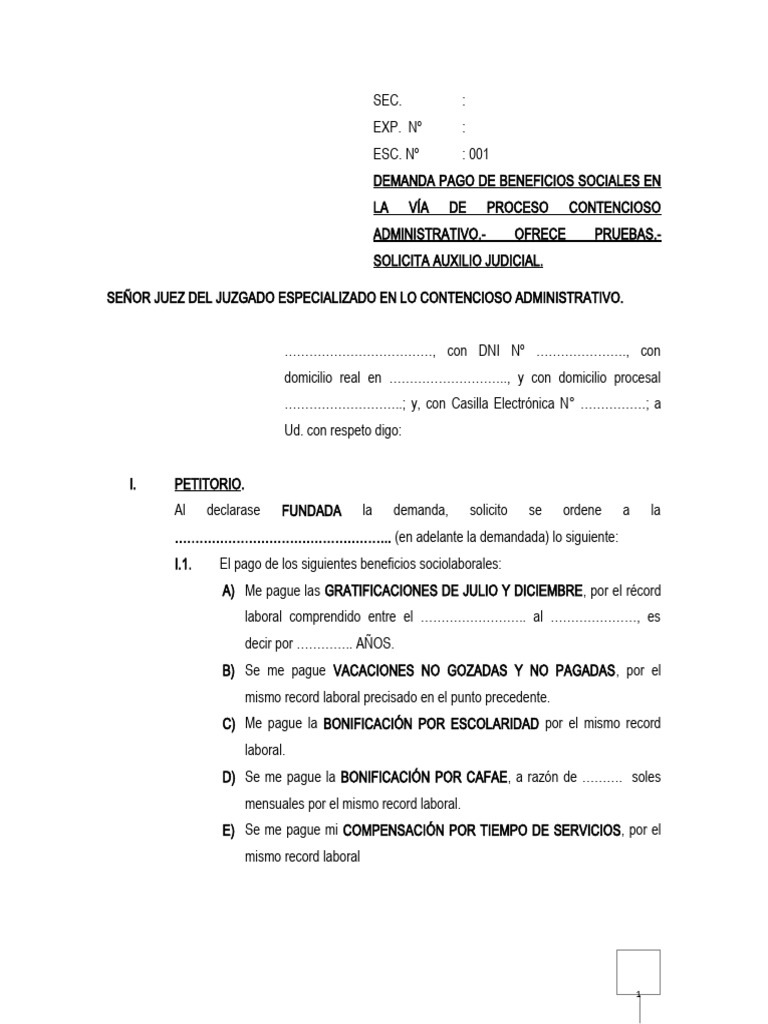 Demanda Contenciosa Administrativa de Pago de Beneficios Sociales | PDF