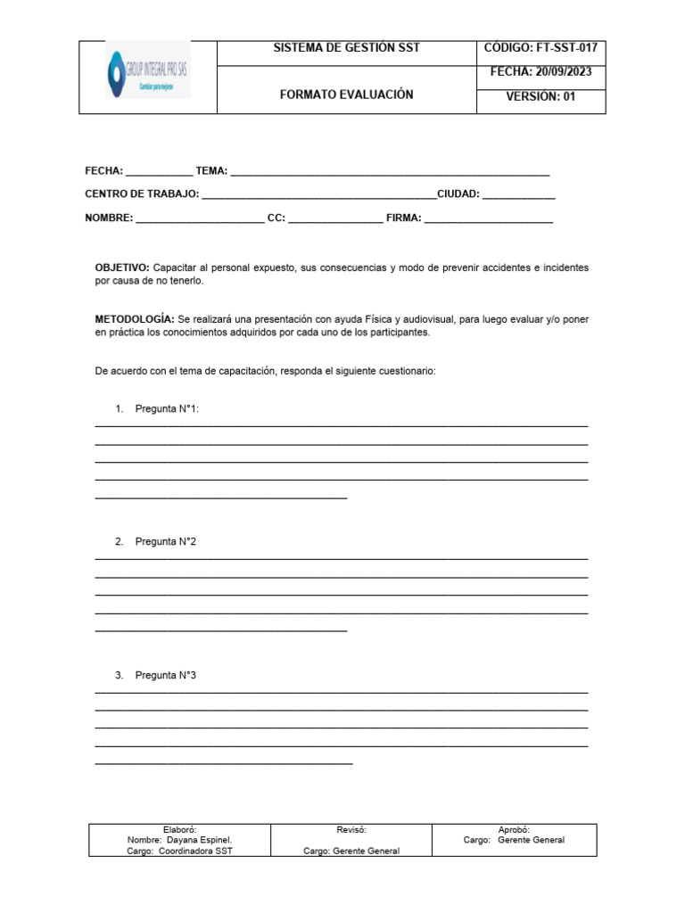 FT-SST-017 Formato Evaluación de Capacitacion | PDF